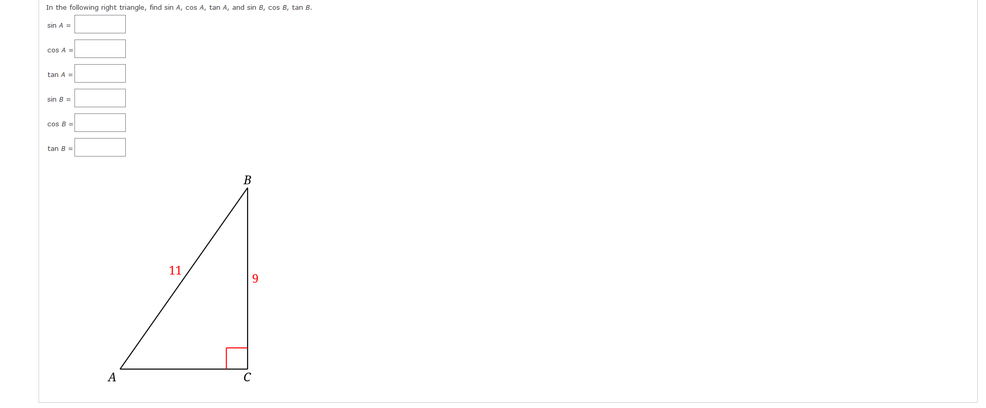 Solved In the following right triangle, find sinA,cosA,tanA, | Chegg.com