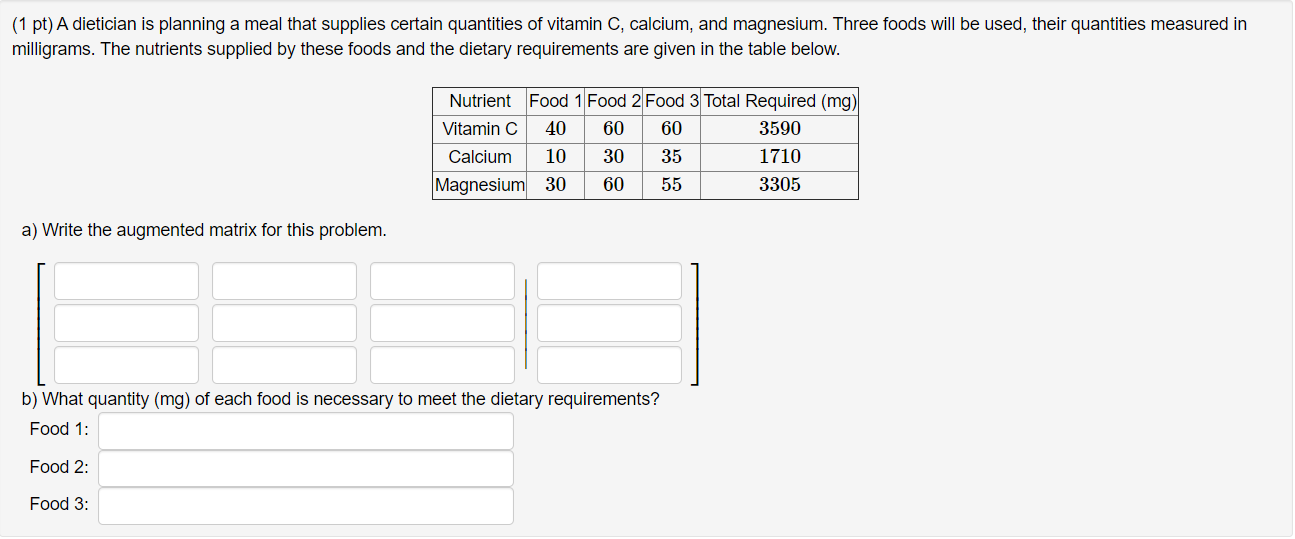 Solved (1 pt) A dietician is planning a meal that supplies | Chegg.com