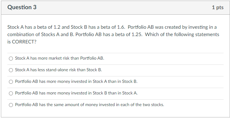 Solved Stock A has a beta of 1.2 and Stock B has a beta of | Chegg.com