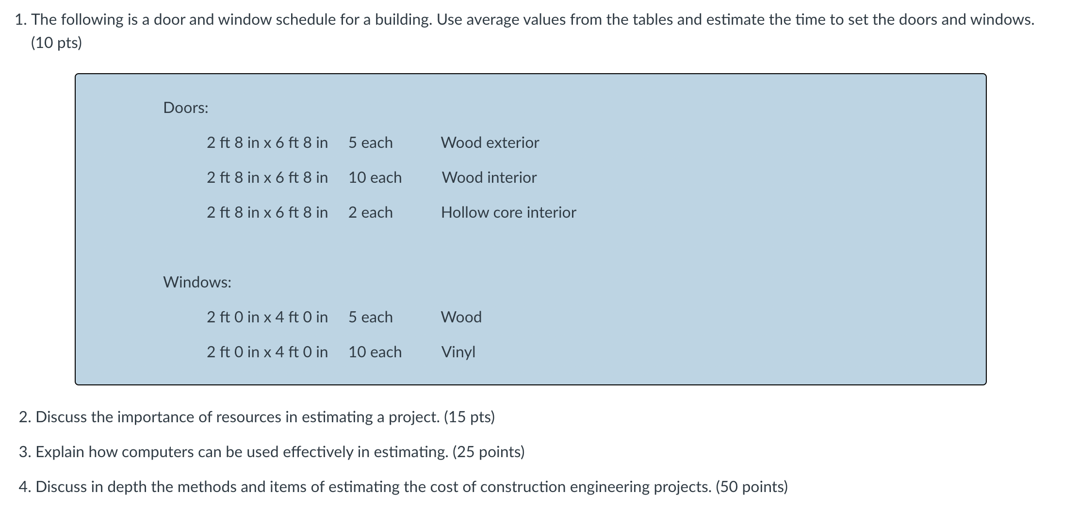 Solved The following is a door and window schedule for a | Chegg.com