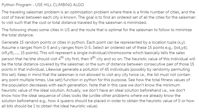 Python Program - USE HILL CLIMBING ALGO The traveling | Chegg.com