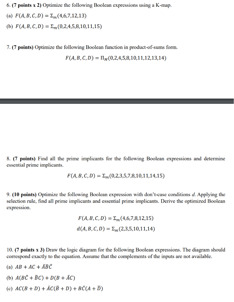 Solved 6. (7 points x 2) Optimize the following Boolean | Chegg.com