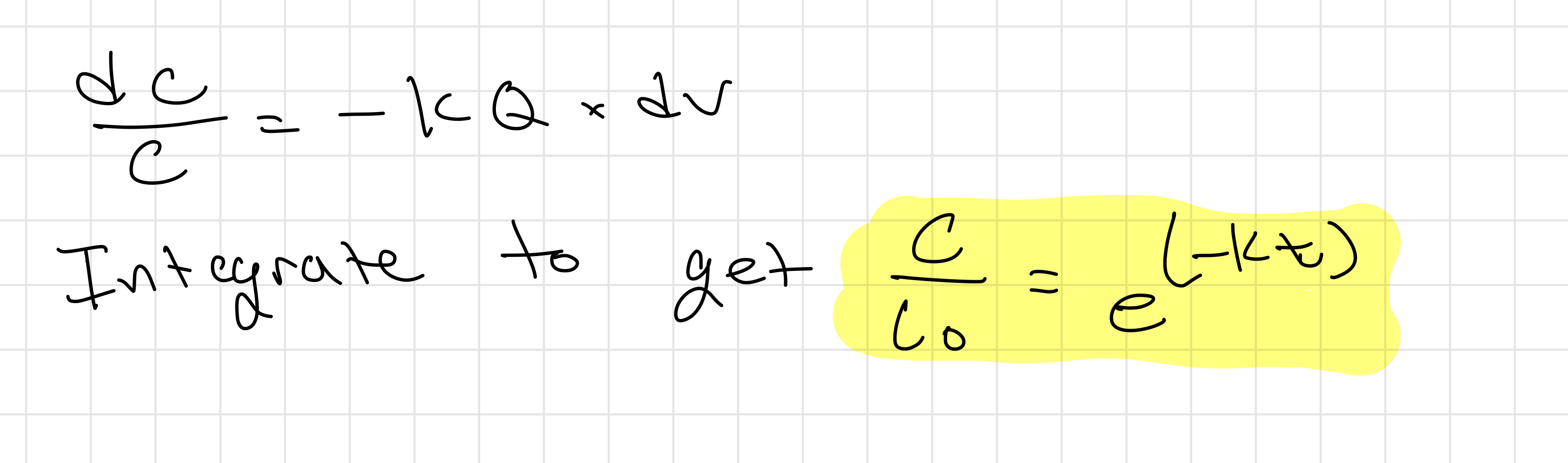 Solved cdc=−kQ×dv Integrate to get l0C=e(−kt) | Chegg.com