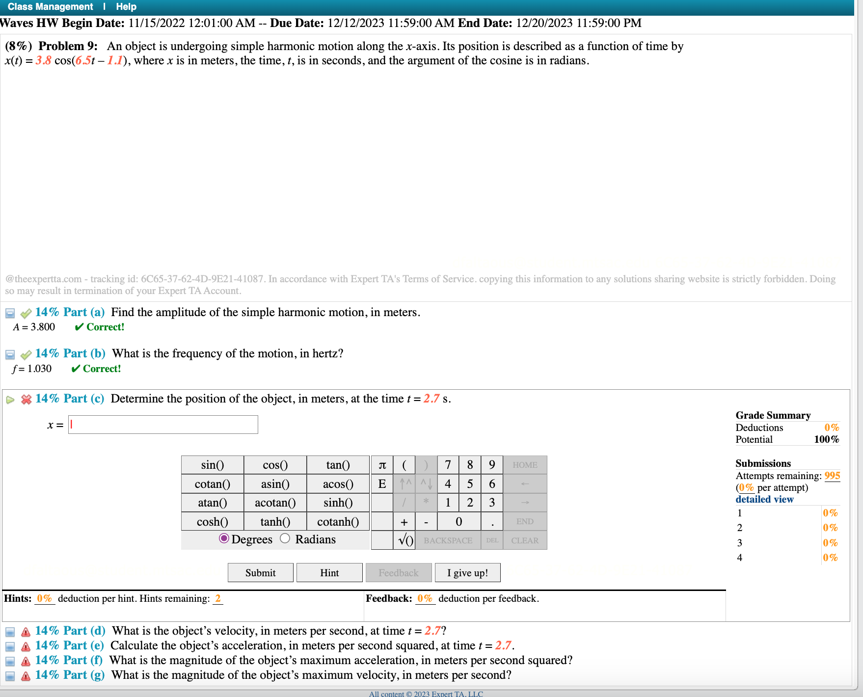 Solved (8\%) Problem 9: An object is undergoing simple | Chegg.com