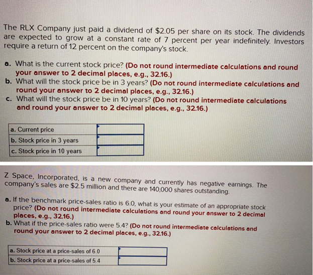 Solved The RLX Company just paid a dividend of $2.05 per | Chegg.com