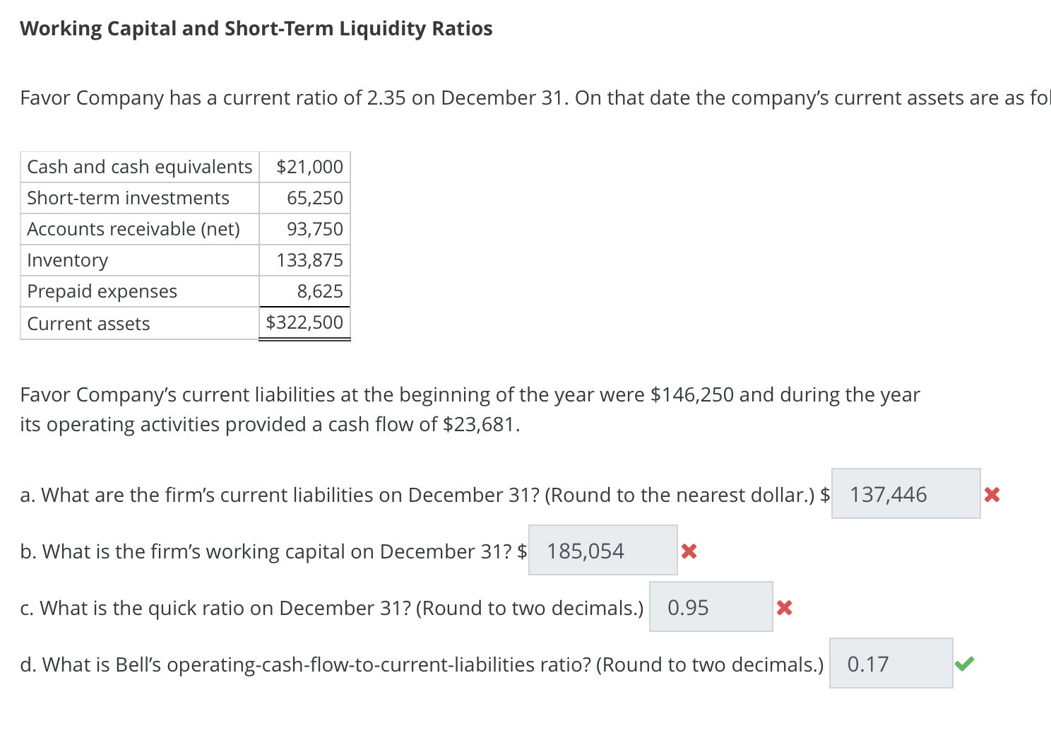 Solved Working Capital and Short-Term Liquidity Ratios Favor | Chegg.com