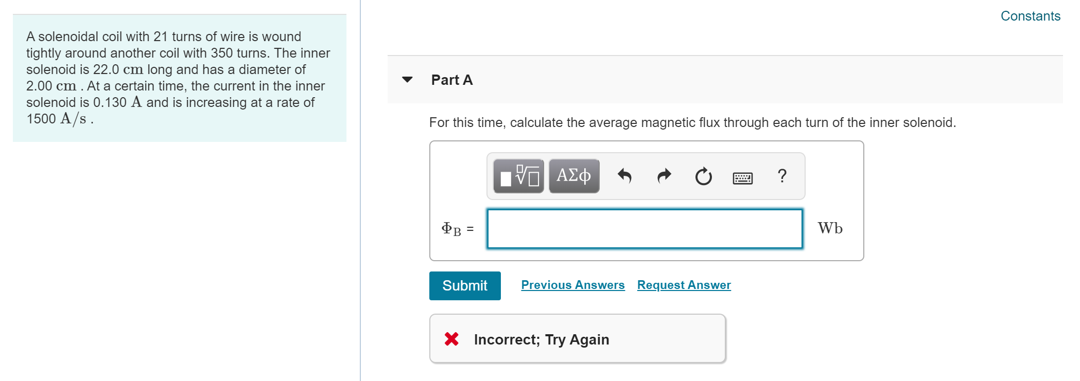 Solved Constants A solenoidal coil with 21 turns of wire is | Chegg.com
