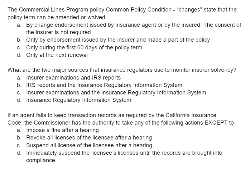 Solved The Commercial Lines Program policy Common Policy | Chegg.com