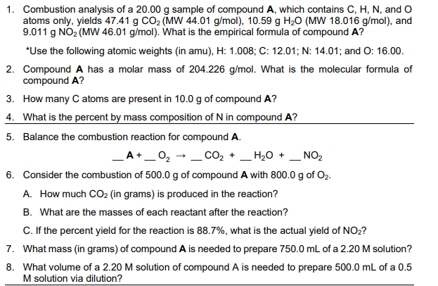 Solved 1. Combustion analysis of a 20.00 g sample of | Chegg.com