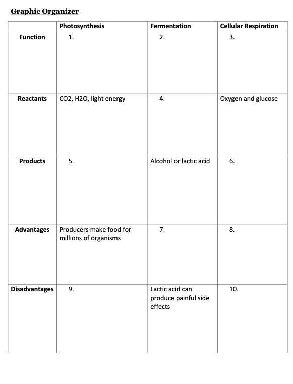 Solved Graphic Organizer Photosynthesis Function 1. | Chegg.com