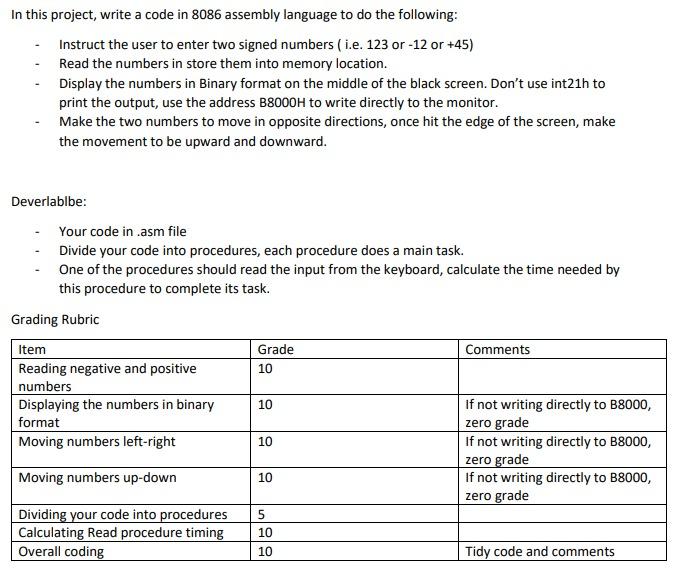 In this project, write a code in 8086 assembly | Chegg.com