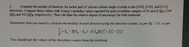 Solved 1. Compute the moduli of elasticity for nickel and 3C | Chegg.com