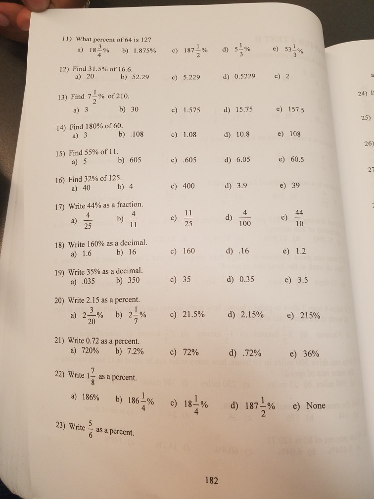 Solved 11) What percent of 64 is 12? a) 182% b) 1.875% c) | Chegg.com