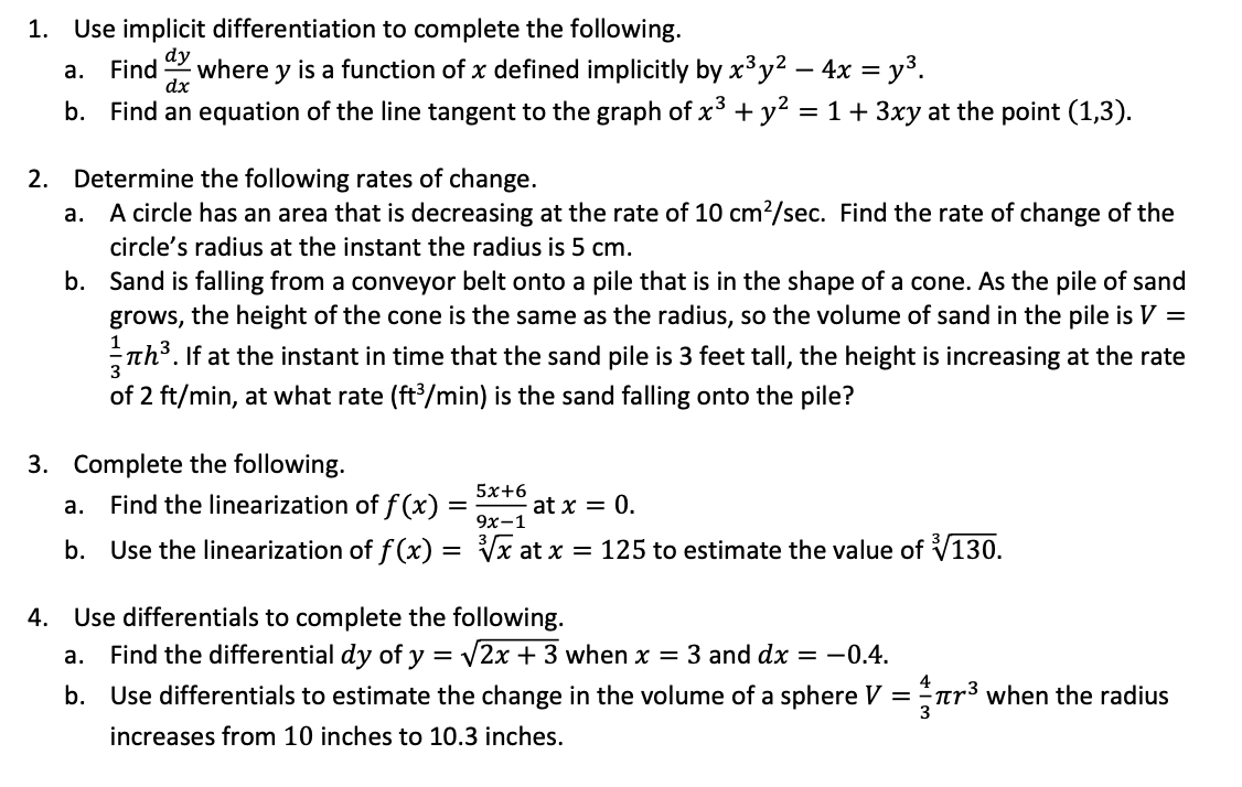 Solved 1. Use implicit differentiation to complete the | Chegg.com