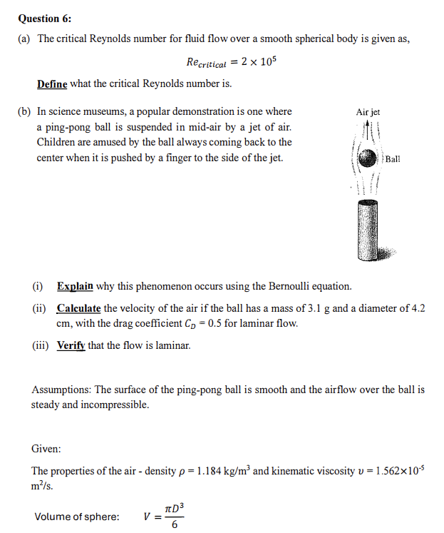 Solved Question 6:(a) ﻿The critical Reynolds number for | Chegg.com