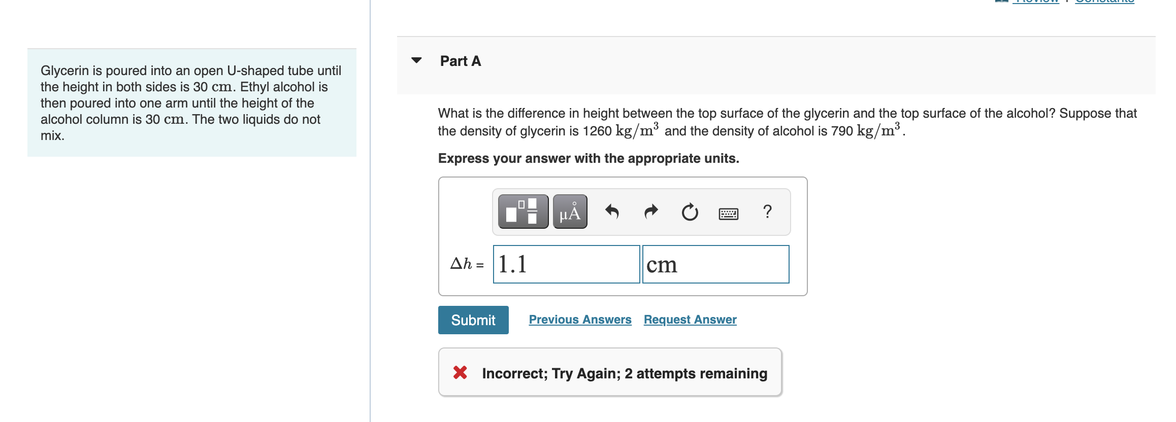 Solved Glycerin is poured into an open U-shaped tube until | Chegg.com