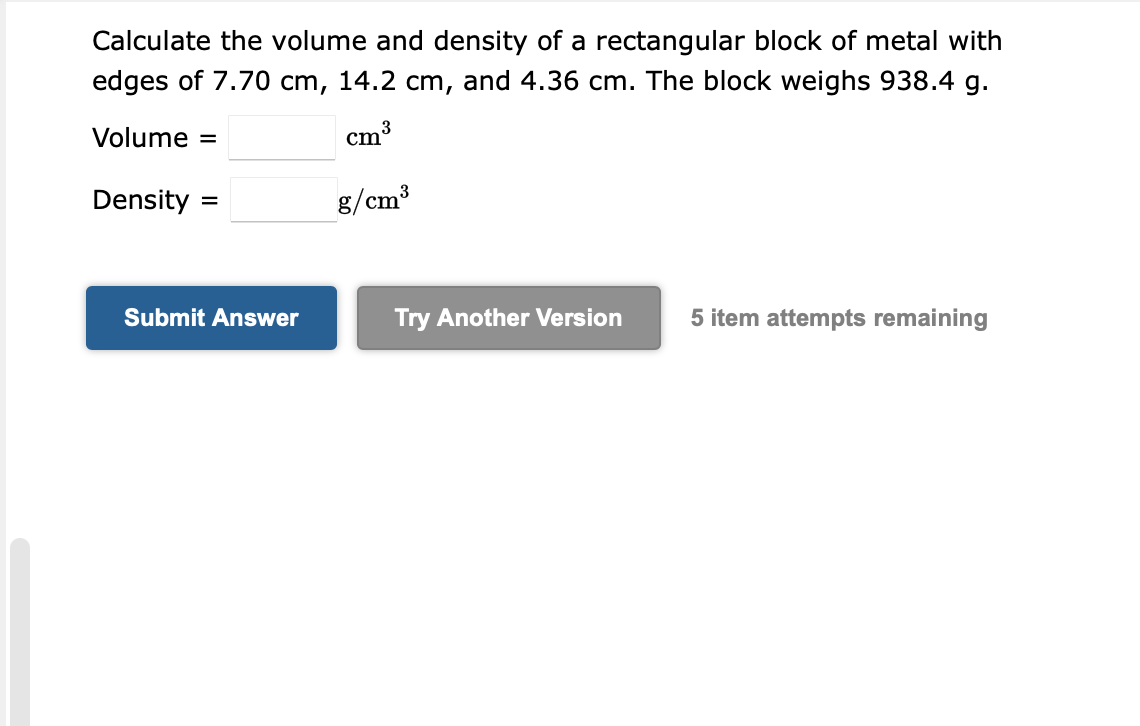 Solved Calculate the volume and density of a rectangular | Chegg.com