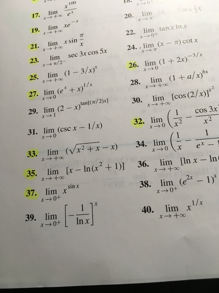 Solved . 100 x lim 17. x-0 x +o0 e 20. lim lim xe 19. x +oo | Chegg.com