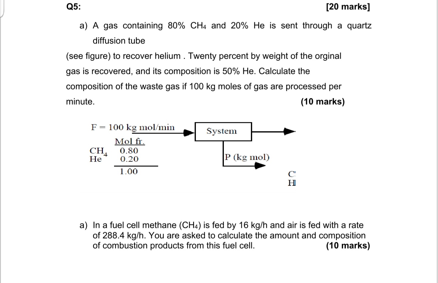 Solved Q5: [20 marks] a) A gas containing 80% CH4 and 20% He | Chegg.com