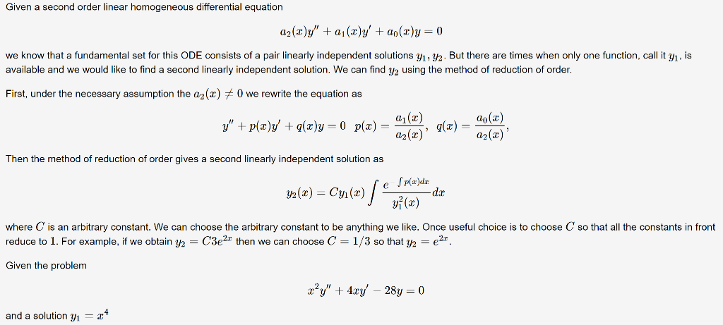 Solved Given a second order linear homogeneous differential | Chegg.com