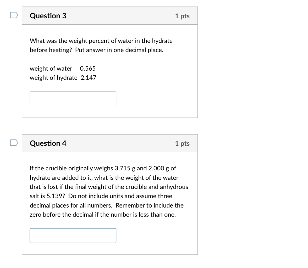 Solved What was the weight percent of water in the hydrate | Chegg.com