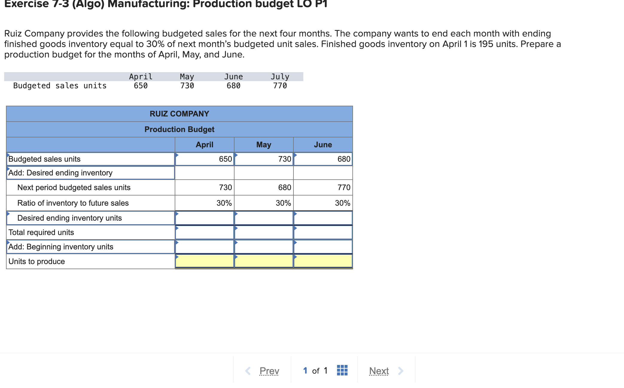 Solved Exercise 7-3 (Algo) ﻿Manufacturing: Production budget | Chegg.com