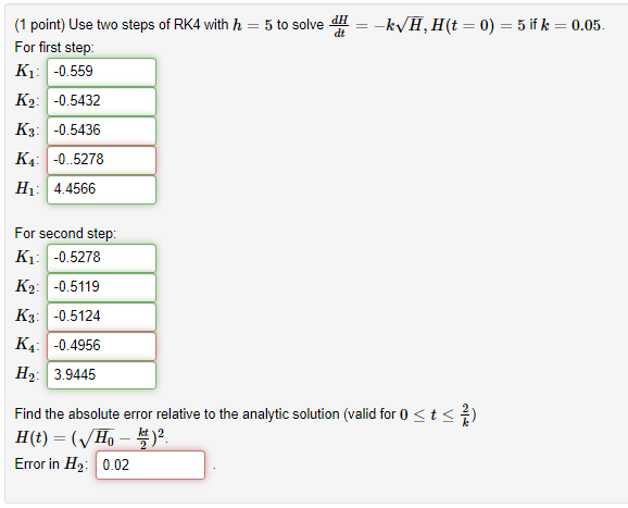 (1 point) Use two steps of RK4 with h = 5 to solve dH | Chegg.com