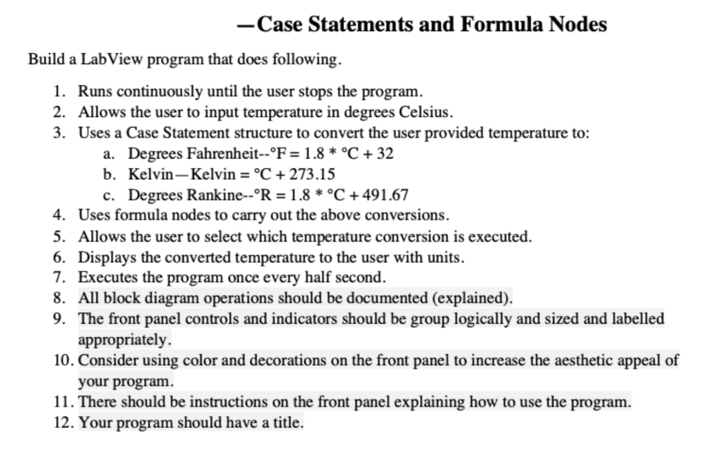 Solved -Case Statements and Formula Nodes Build a Lab View | Chegg.com