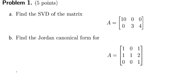 Solved Problem 1. (5 ﻿points)a. ﻿Find the SVD of the | Chegg.com