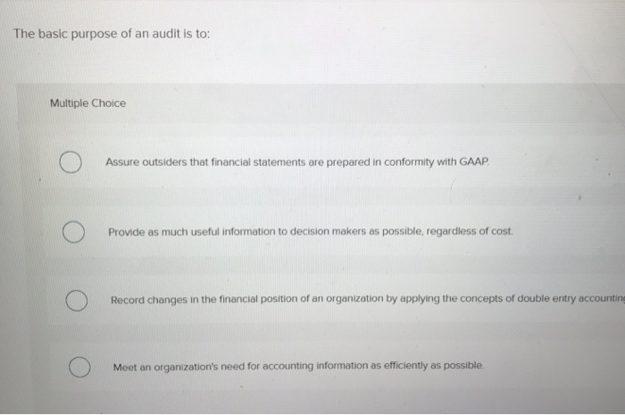 Solved The basic purpose of an audit is to: Multiple Choice | Chegg.com