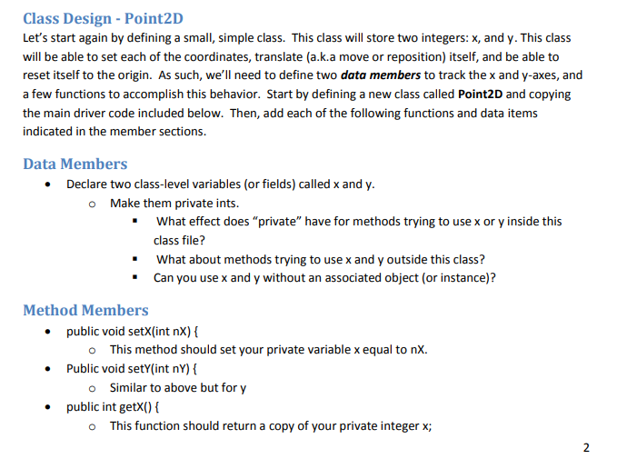 Solved Class Design Point2d Lets Start Again By Defining 7070