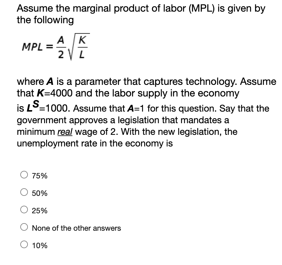 Solved Assume the marginal product of labor (MPL) is given | Chegg.com