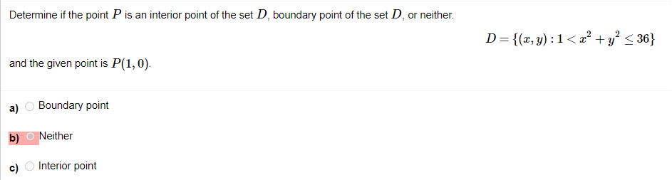 Solved Determine if the point P is an interior point of the | Chegg.com