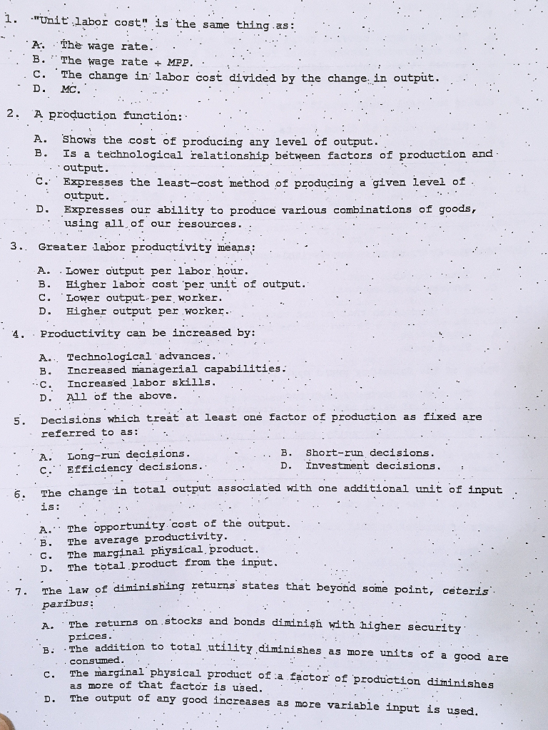 Solved "Unit labor cost" is the same thing as: The wage | Chegg.com