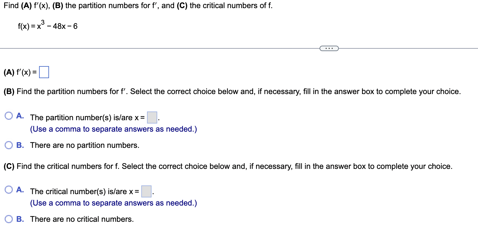 Solved f(x)=x3−48x−6 (A) f′(x)= (B) Find the partition | Chegg.com