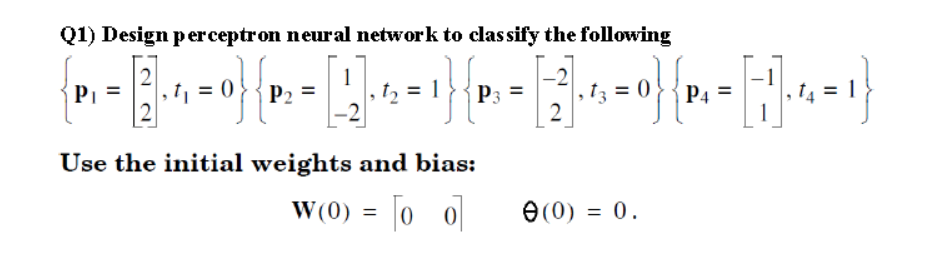 Solved Q1) Design perceptron neural network to classify the | Chegg.com