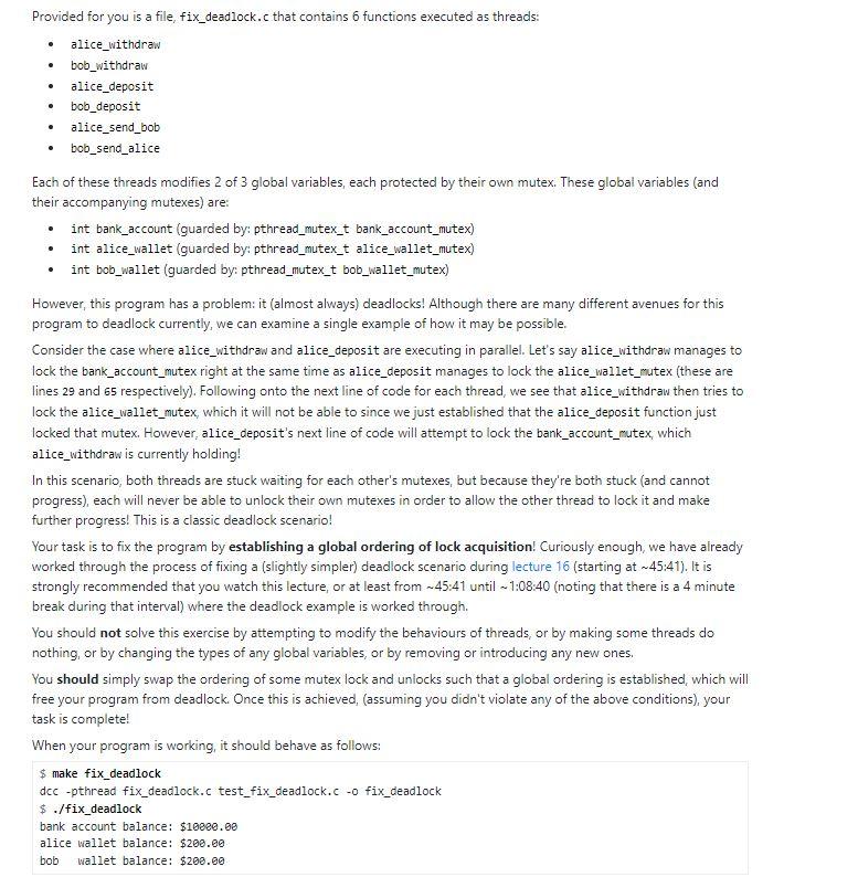 Solved . . . . . Provided for you is a file, fix_deadlock.c | Chegg.com