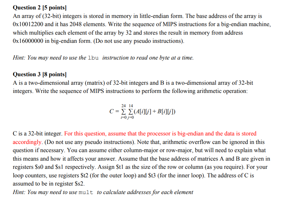 Question 2 [5 points] An array of (32-bit) integers | Chegg.com