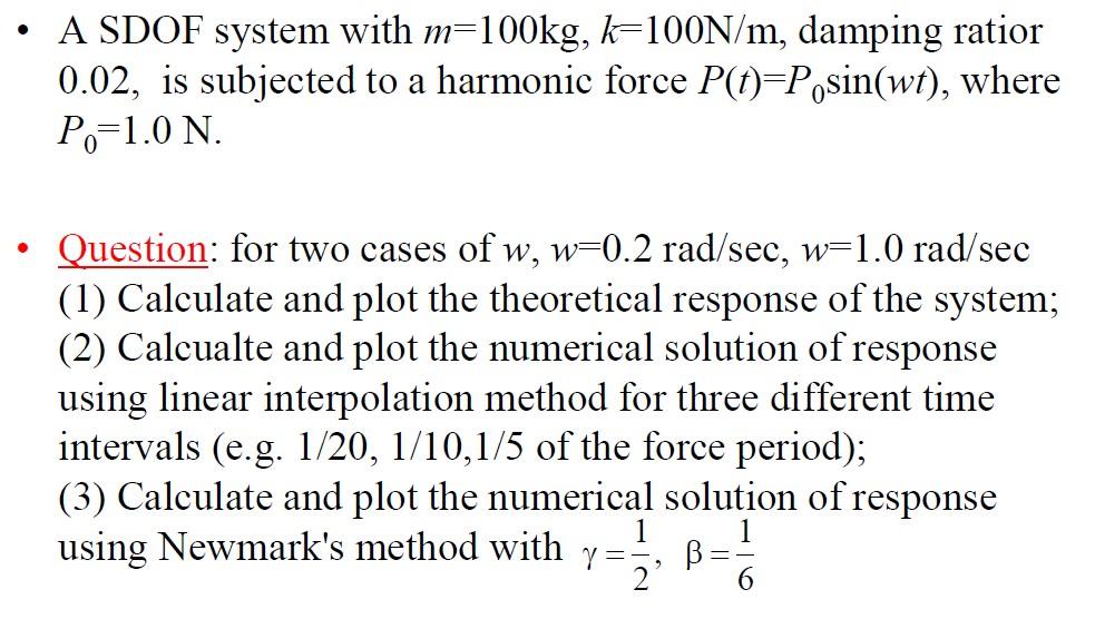 Solved - A SDOF system with m=100 kg,k=100 N/m, damping | Chegg.com