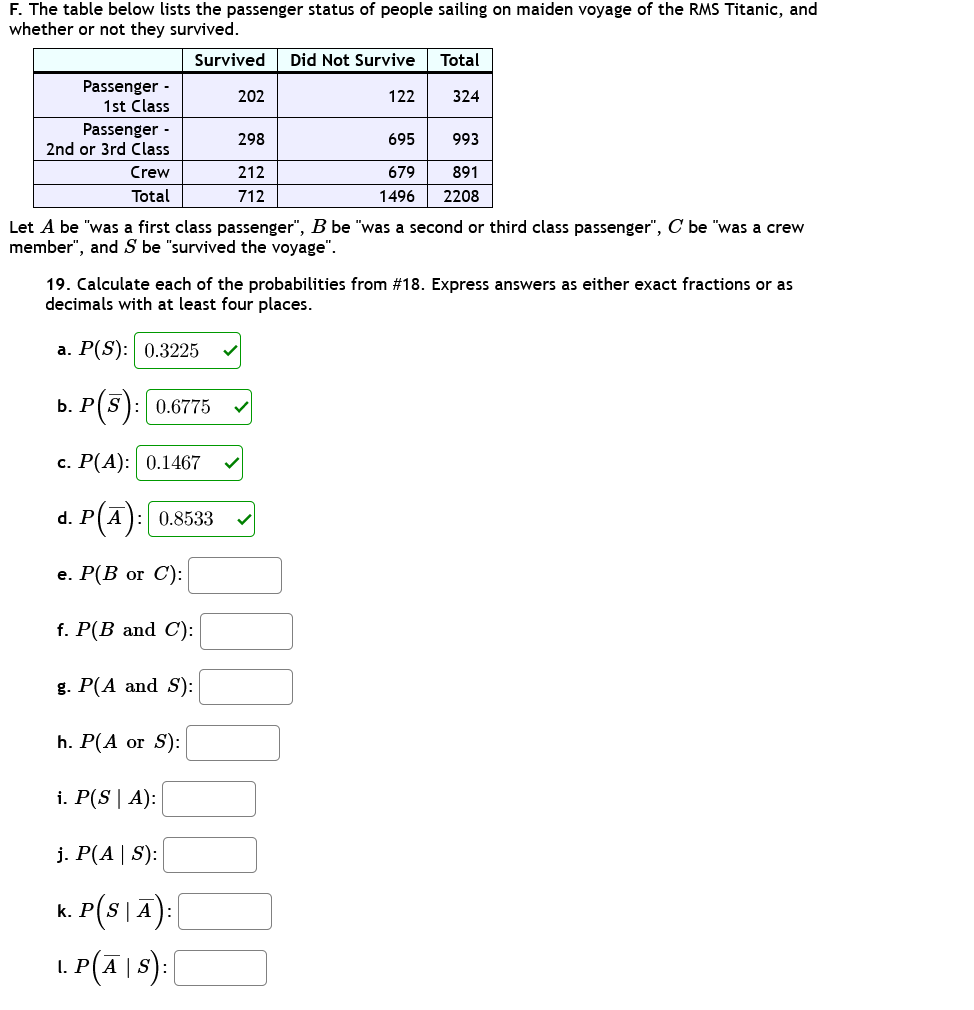 Solved F. The table below lists the passenger status of | Chegg.com