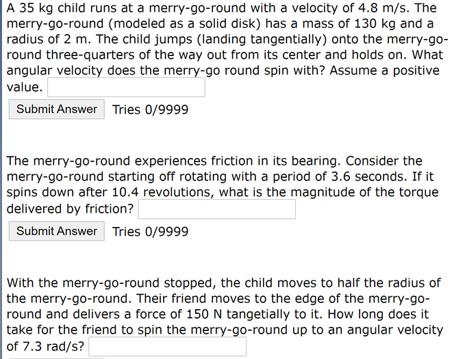 Solved A 35 kg child runs at a merry-go-round with a | Chegg.com