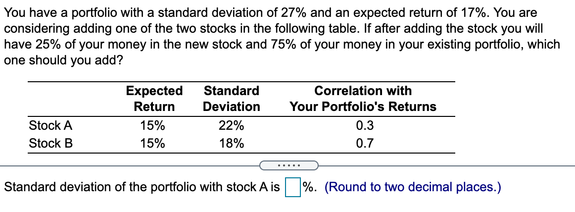 Solved b) Standard deviation of the portfolio with stock A | Chegg.com