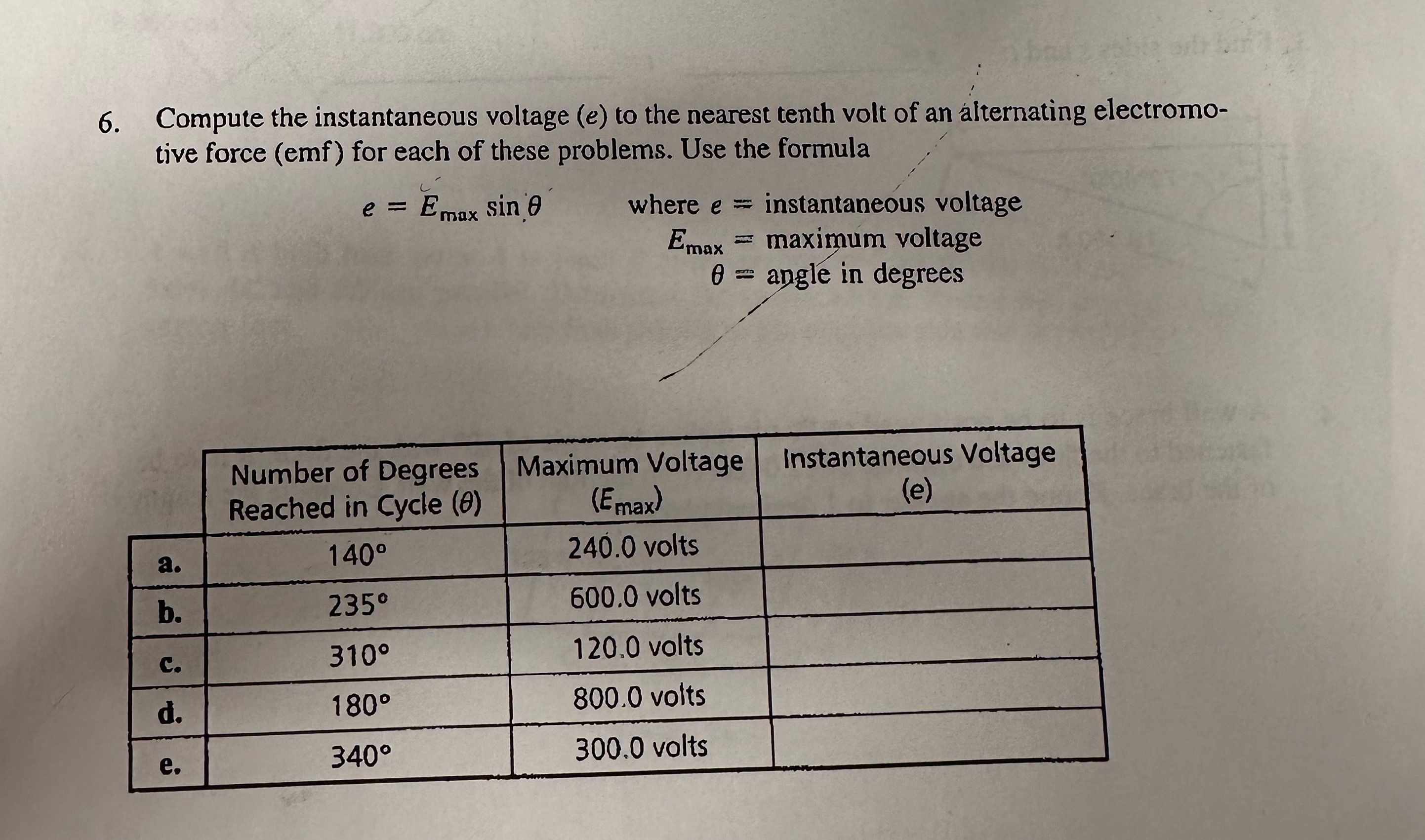 Solved 6. Compute the instantaneous voltage (e) to the | Chegg.com