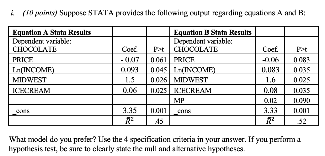 Solved i. (10 points) Suppose STATA provides the following | Chegg.com