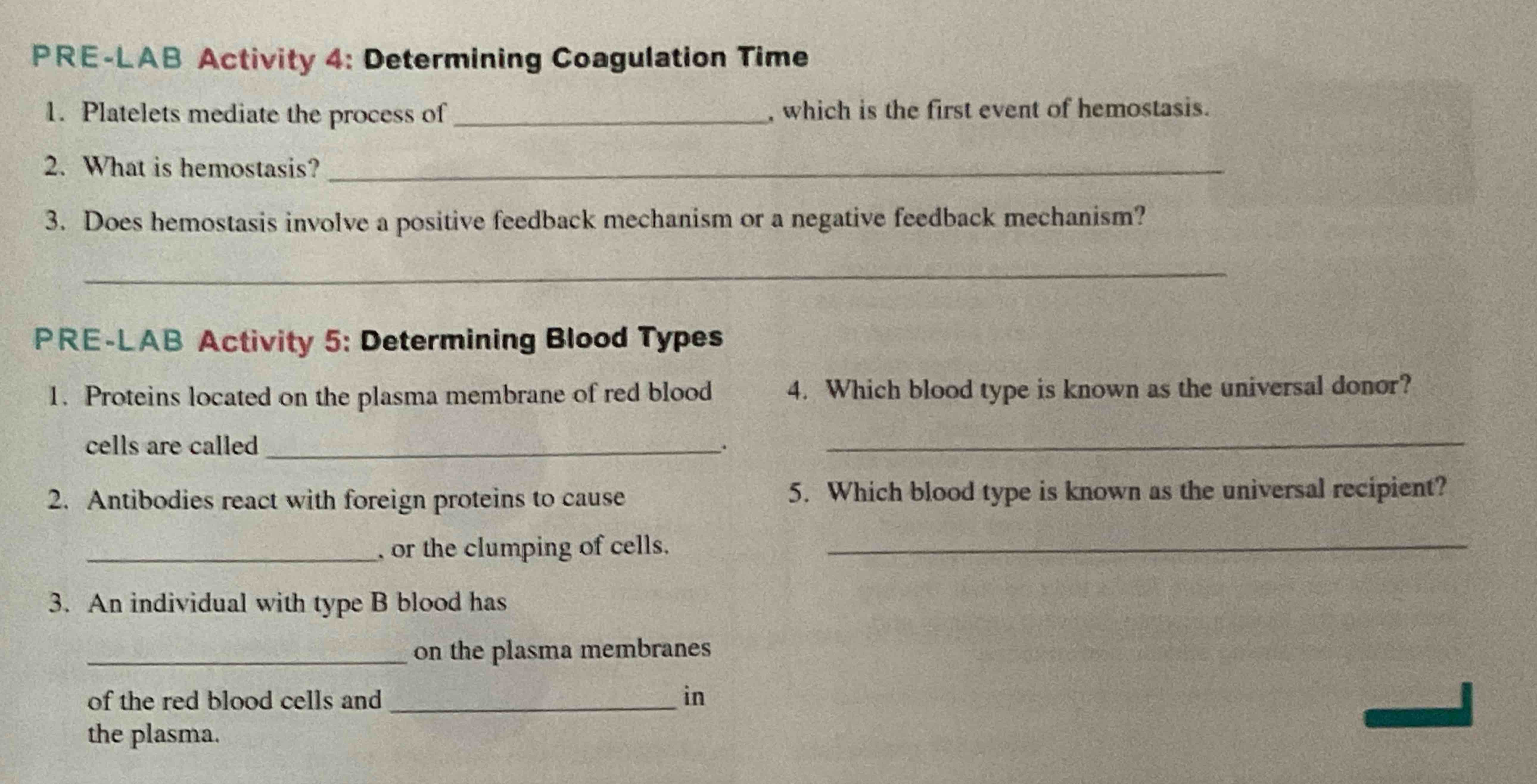 BloodPRE-LAB Activity 4: Determining Coagulation | Chegg.com