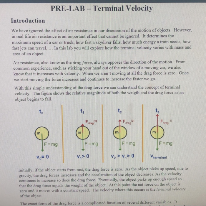 Solved PRE-LAB Terminal Velocity Introduction We have | Chegg.com