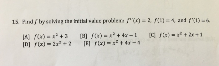 Solved Find f by solving the initial value problem: f"(x)=2, | Chegg.com