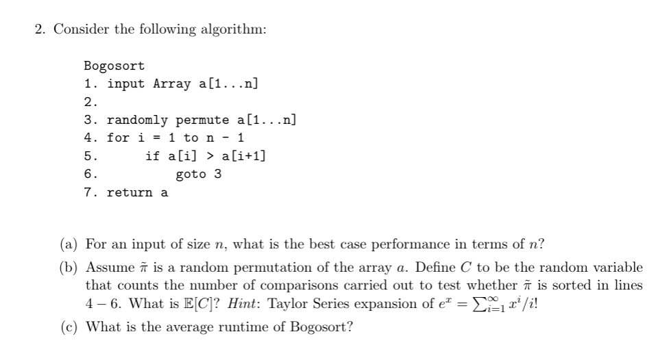 2. Consider the following algorithm: Bogosort 1. | Chegg.com