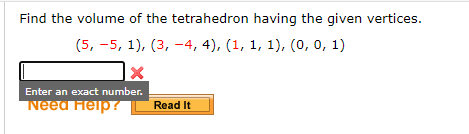 Solved Find the volume of the tetrahedron having the given | Chegg.com