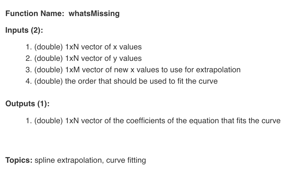 Solved Function Name: whatsMissing Inputs (2): 1. (double) | Chegg.com